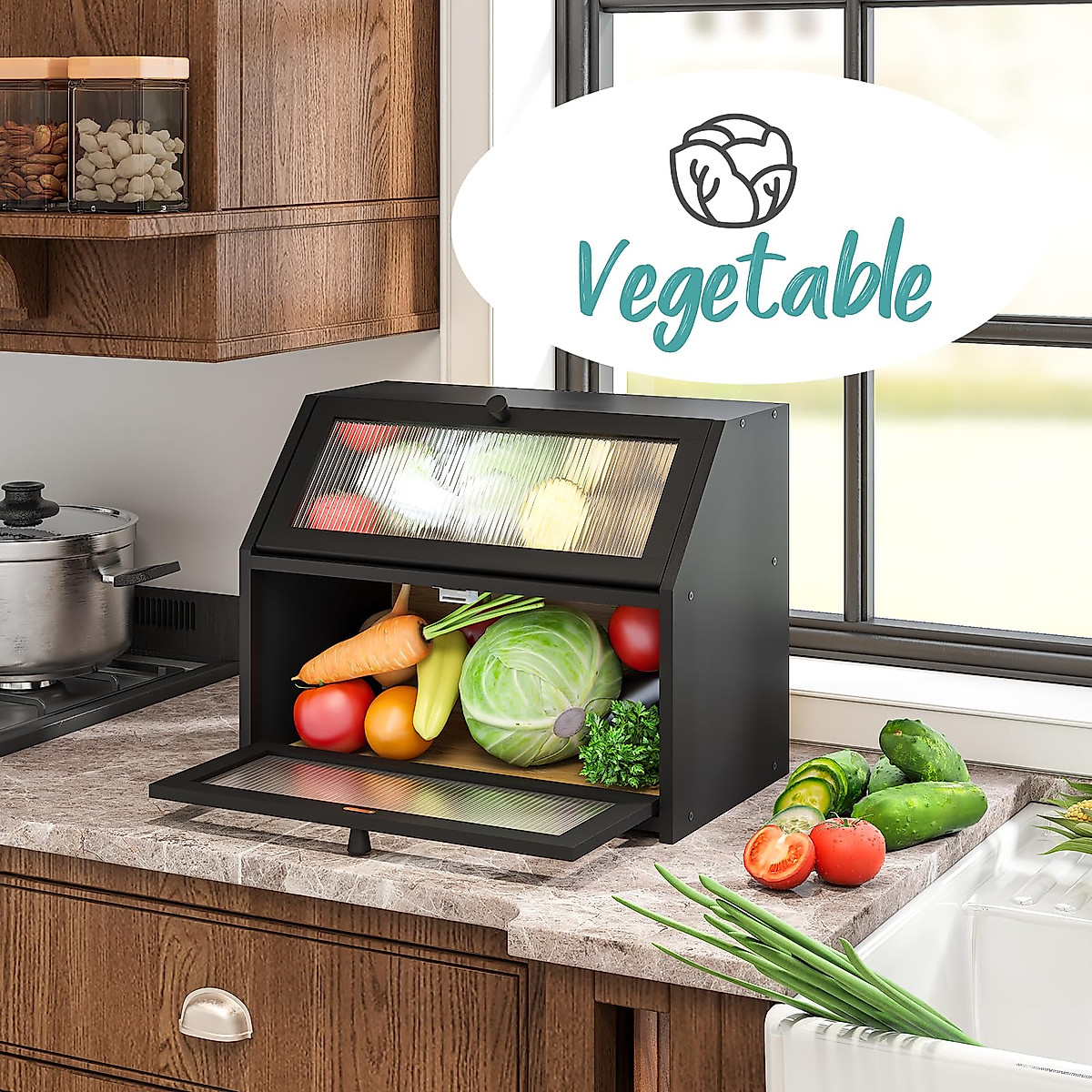 Vriccc Black Bread Box for Kitchen Counter, Large Bamboo Wood Double Layer Bread Box, Wooden Bread Storage Capacity