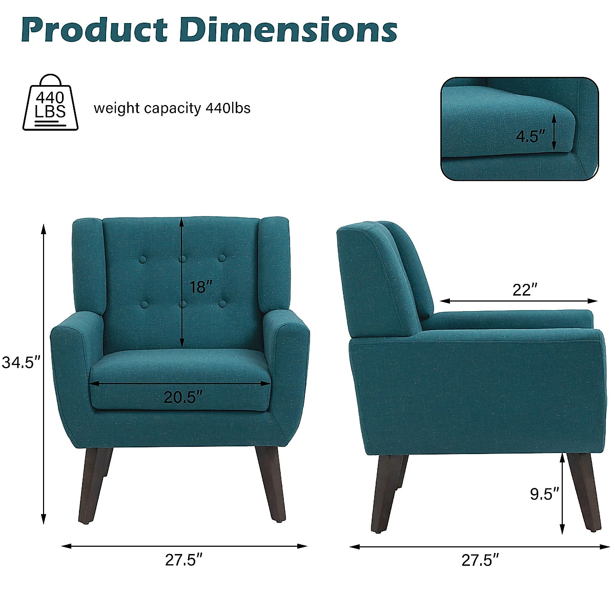 UIXE Accent Chairs Set of 2, Modern Living Room Arm Chair Button Tufted Armchair, Comfy Upholstered Club Lounge Sofa Seat Reading Chair Bedroom Side Seating for Home Office (Turquoise Blue)