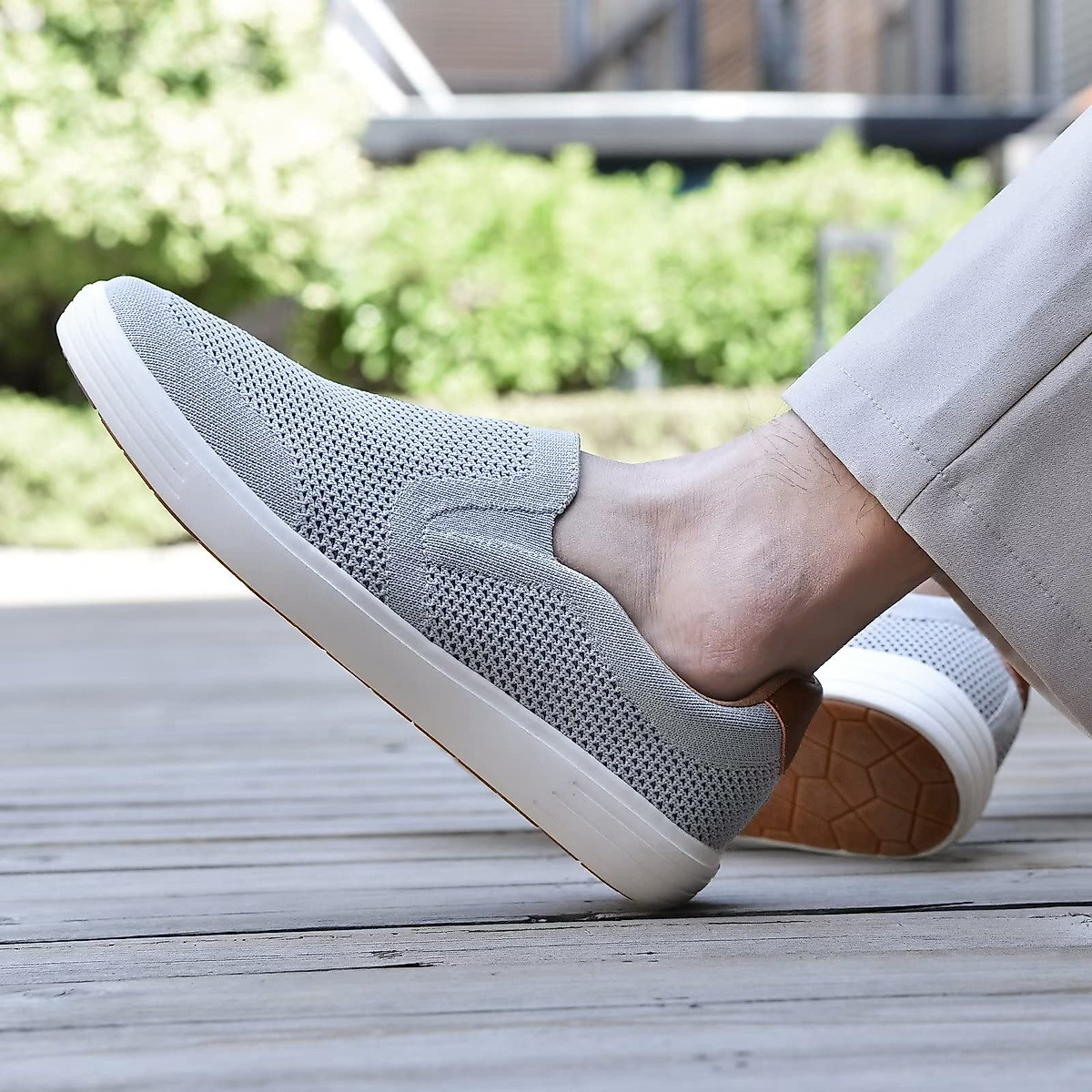 konhill Men's Slip on Sneaker - Knit Walking Loafers Memory Foam Driving Work Skate Shoes Arch Support Slip Resistant Shoes 9 US Gray,42