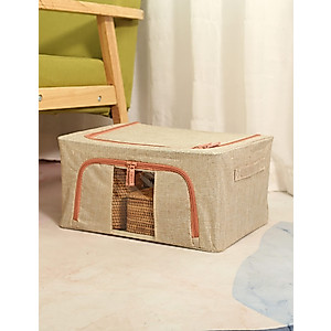 Foldable Clothes Storage Bags with Large capacity, Strong Metal Frame Support, Cotton linen, Cream-colored, BlueGift
