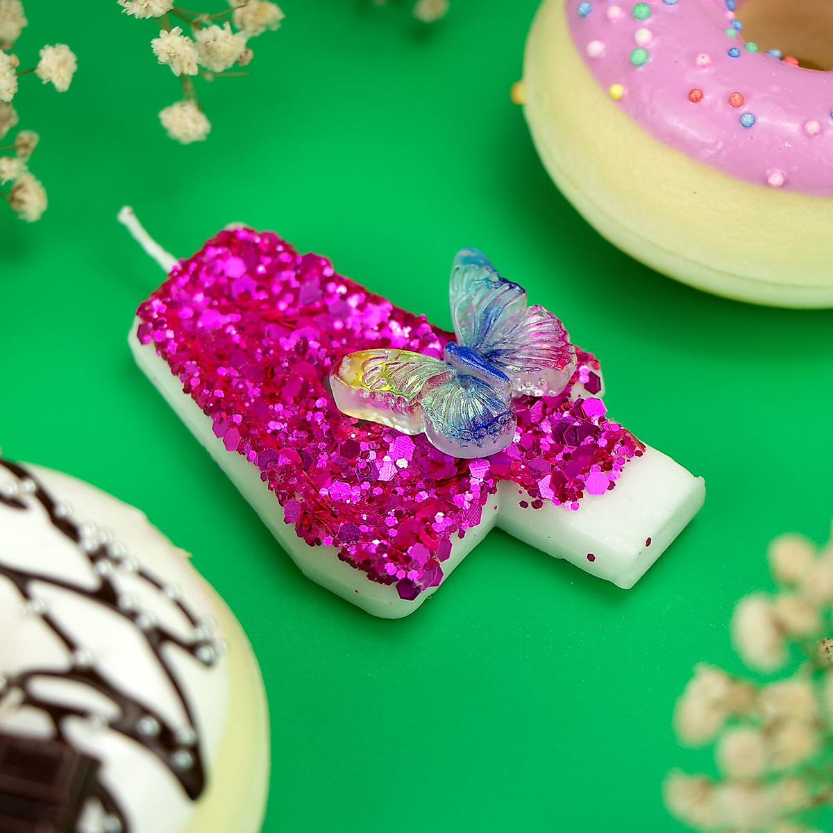 IDIJOLI Butterfly Number 4 Candles Glitter Hot Pink Birthday Candles for Cake Topper with Sequins for Anniversary Celebrations Supplies (Number 4)