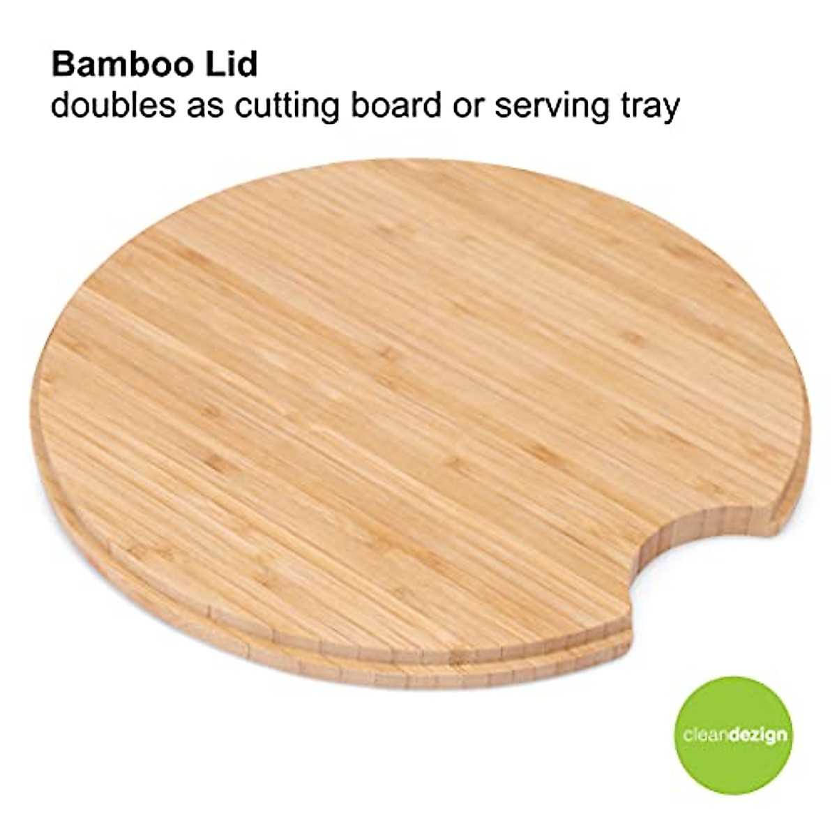 Clean Dezign 11.5" Large Salad and Serving Bowl with Bamboo Wood Lid and Servers Set - Bamboo Fiber Mixing Bowl and Utensils with Wooden Cutting Board Top (Large, Natural White)