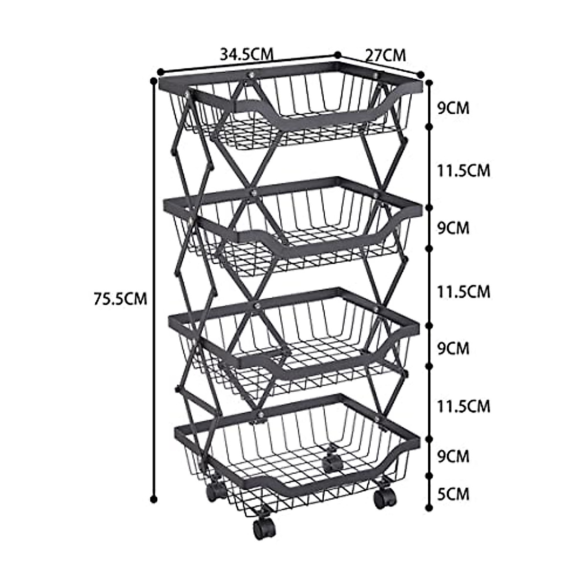 4 layers Tier Foldable No Assembly Storage Shelves with Wheels 13.5’’*10.6’’*29.7’’ Free Standing Metal Wire Rack Heavy Duty Pantry Collapsible Organizer for Kitchen Bedroom Bathroom Office Black
