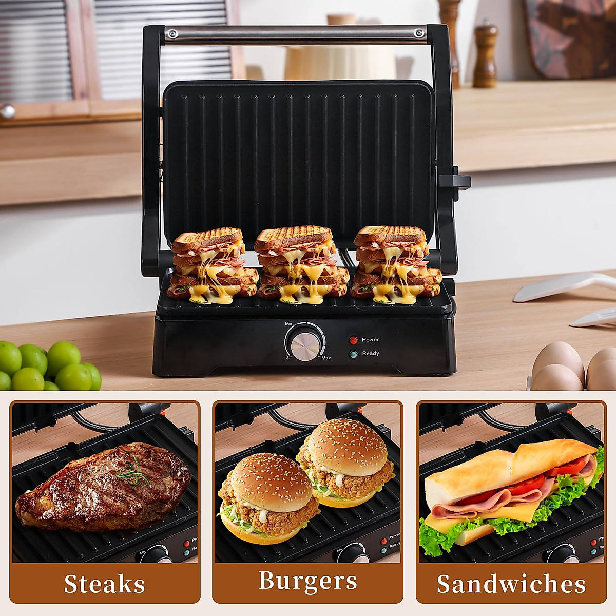 UVFAST Panini Press Grill Sandwich Maker, Large Electric 3 in 1 Panini Sandwich Maker Grill, Open 180 Degrees for Grill Indoor, Perfect for Grilling Steaks, Burger, Sandwich,Non-stick Pan, Black