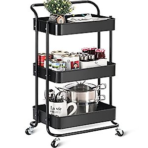 TOOLF 3 Tier Metal Rolling Cart, Utility Cart with Handle, Multifunction Storage Cart with Lockable Wheels, Serving Organizer Trolley with Mesh Basket for Kitchen, Bathroom, Office