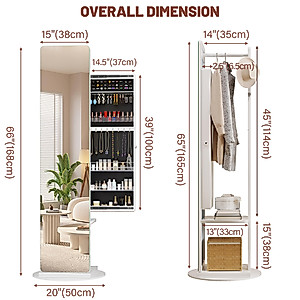 LVSOMT 360° Swivel Jewelry Armoire, Rotatable Full Length Mirror with Jewelry Storage, Standing Jewelry Cabinet with Coat Rack, White, Soild Wood