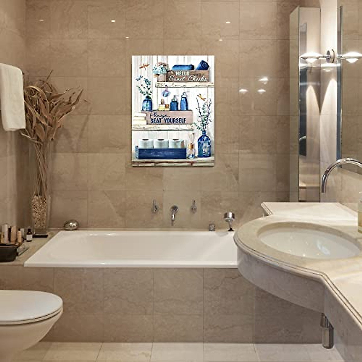 Bathroom Decor Wall Art Dragonfly Wall Art Blue Bathroom Sign Rustic Farmhouse Bathroom Canvas Prints Signs Wood Background Bathroom Pictures Artwork Framed Bath Laundry Home Decorations12 x16