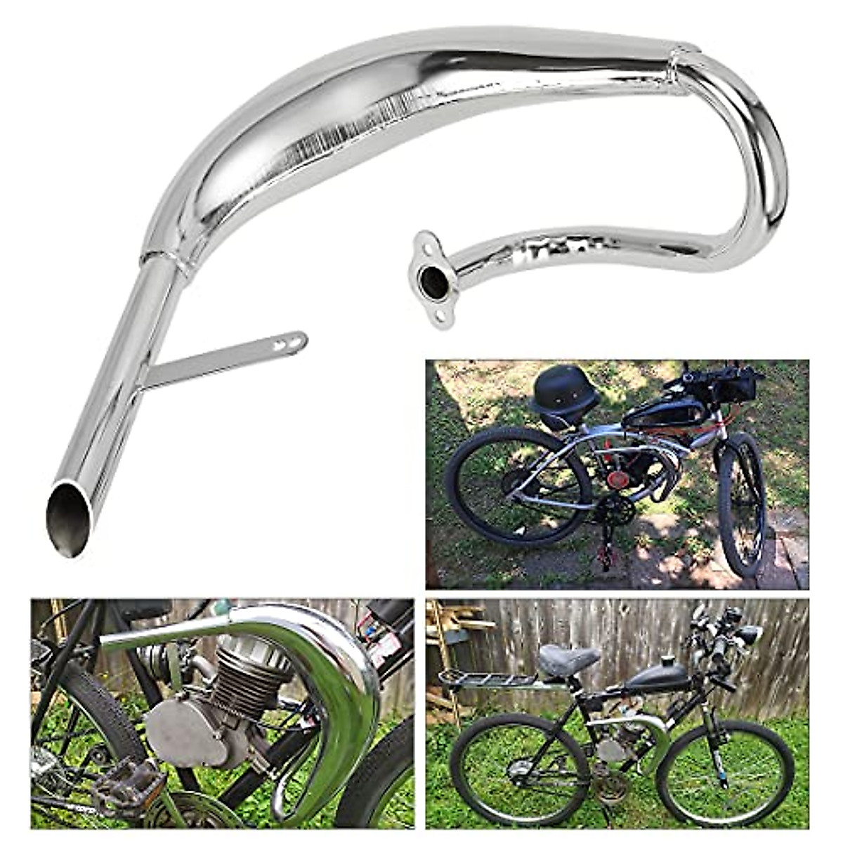 FVRITO Performance Chrome Exhaust Muffler Expansion Chamber Pipe Silencer Gasket for 2 Stroke 50cc 66cc 80cc 100cc Engine Gas Motorized Bicycle Motor Bike Silver