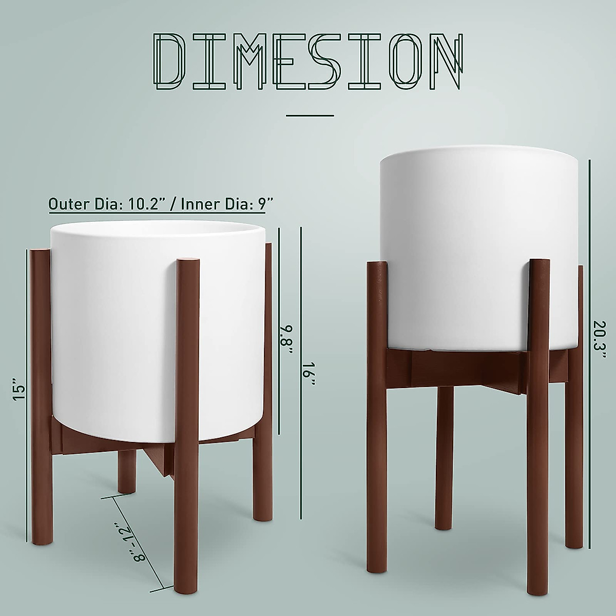 10 Inch Matte White Ceramic Flower Pot with Solid Wood Stand, Straight Cylinder Planter with Drainage Hole - Handmade Modern Minimalist Design for Indoor/Outdoor Plants, Succulents, Herbs, Home Decor