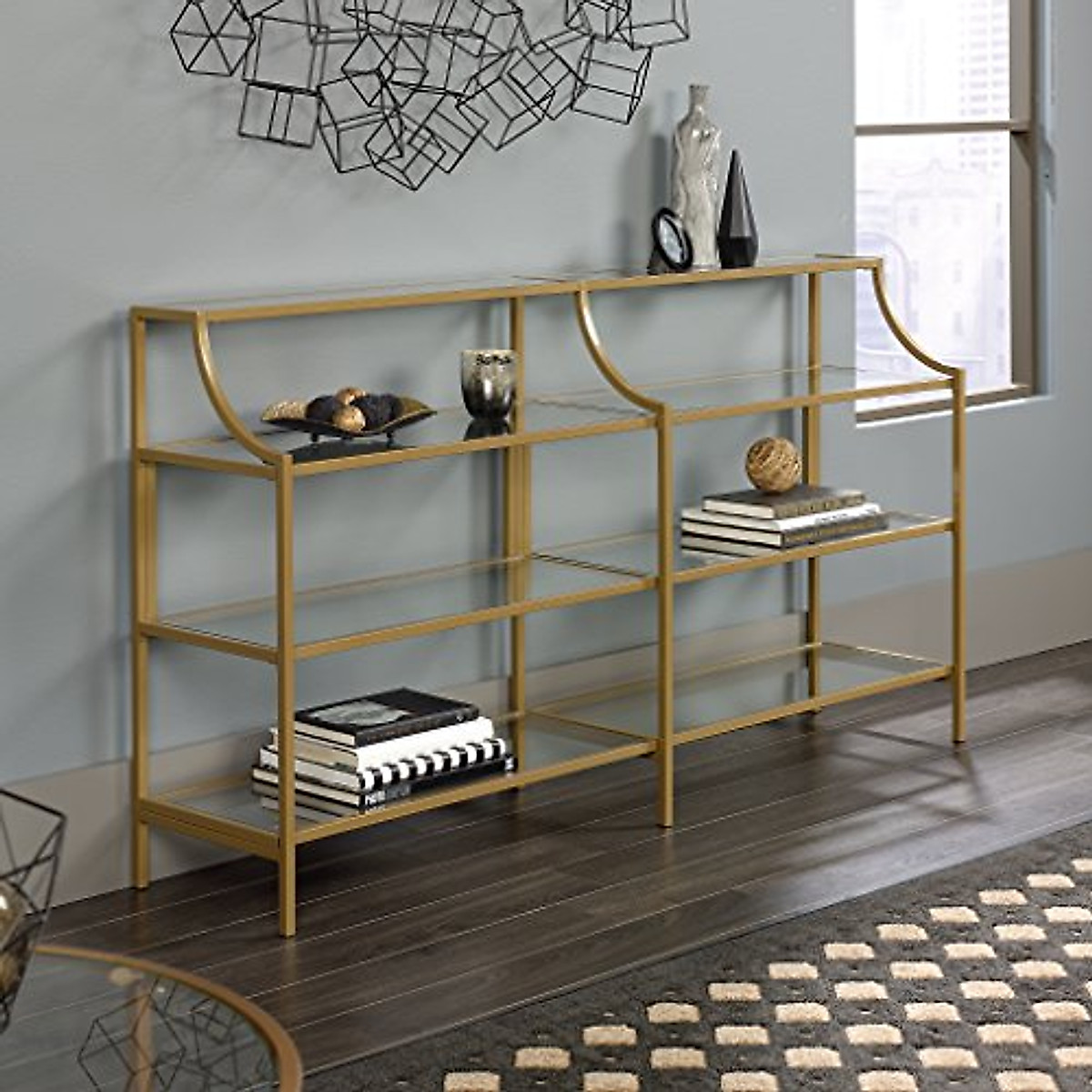 Sauder International Lux Console Table 5 Tier Modern Metal Multipurpose Sofa Table Bookcase with Glass Shelving, in Satin Gold