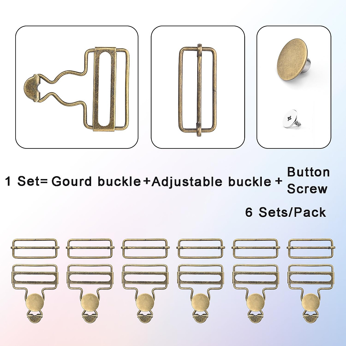 6 Sets Metal Overalls Buckles, 1-1/2" Overall Replacement Clasp Clips with Adjustable Tri Glide Slide Buckle and Buttons for Jeans Suspender, Bib Pants DIY Sewing Accessories (Bronze)