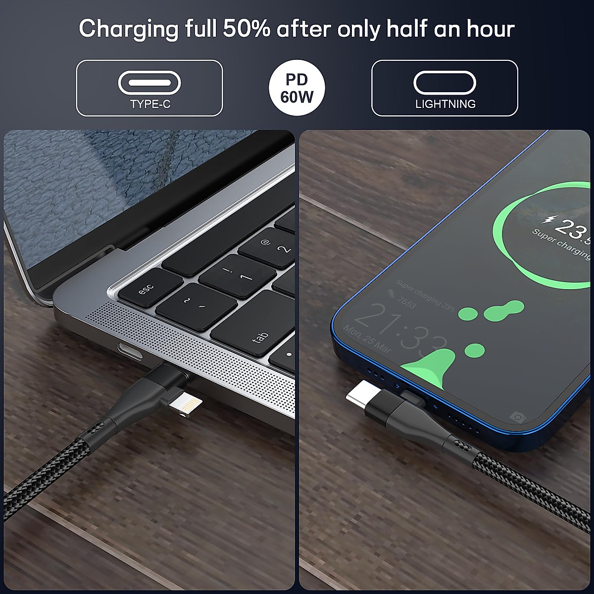 ANDNOVA USB C and Lightning Cable 2 in 1 for iPhone 15/14, Dual Jack Type C with 90 Degree Lightning PD 60W Fast Multi Charging Cable for Travel USB-C Smartphones - 6.6 Ft