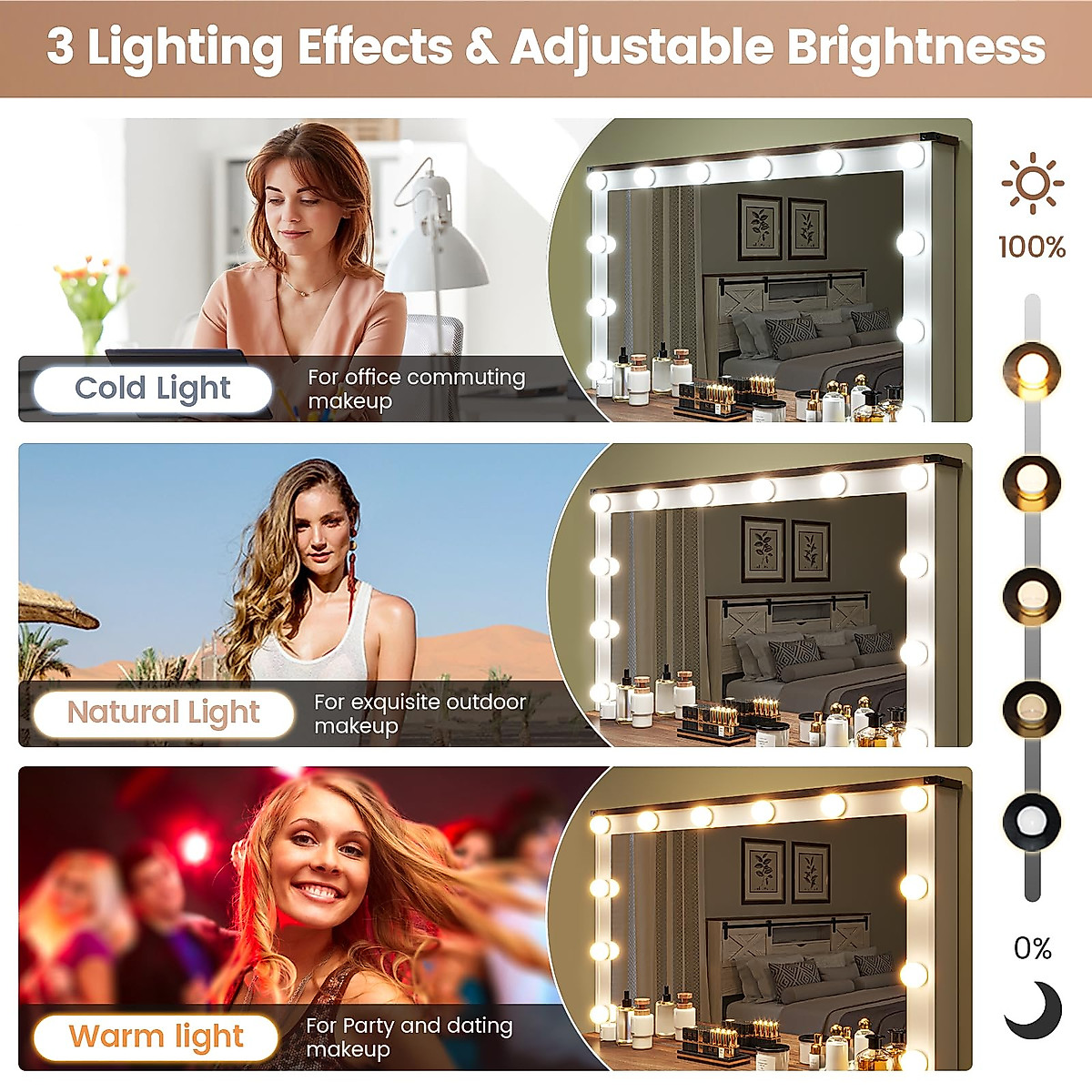 Hasuit Farmhouse Vanity Desk with LED Lights Mirror & Power Outlet 43'' Makeup Vanity Table with 5 Drawers & 2 Cabinets, Dressing Table for Bedroom,3 Color Lighting Modes Adjustable Brightness,White