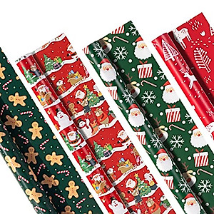 Christmas Wrapping Paper (4 Rolls: 93 sq. ft. ttl) Funny Candy Cane Santas, Reindeer, Christmas Tree, Snowflakes - Christmas Elements Collection - 17 inches x 16.5 feet Per Roll