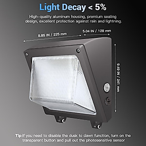 JTT LED Wall Pack Lights Outdoor with Dusk to Dawn Photocell, Selectable 75W/60W/45W, 8250LM/6600LM/4950LM, 6000K/5000K/4000K,Waterproof Flood Security Wall Pack Lighting for Garage Yard Parking Lo