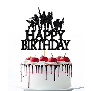 Naicaek Black Glitter Happy Birthday Cake Topper，Soldier Military Theme Happy Birthday Cake Topper，Retirement Military Party Military Themed for Kids Boys Men Birthday Party Supplies (1)