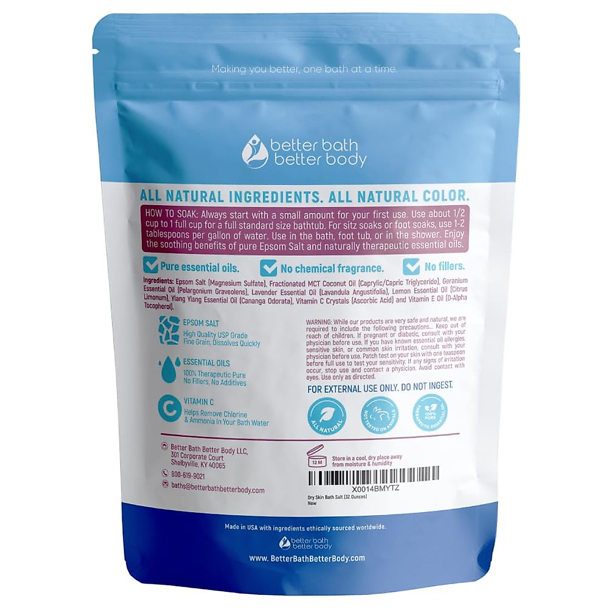 Dry Skin Bath Salt 32 Ounces (2 Lbs) Epsom Salt with Natural Geranium and Lavender Essential Oils Plus Vitamin C in BPA Free Pouch with Easy Press Lock Seal Made in USA