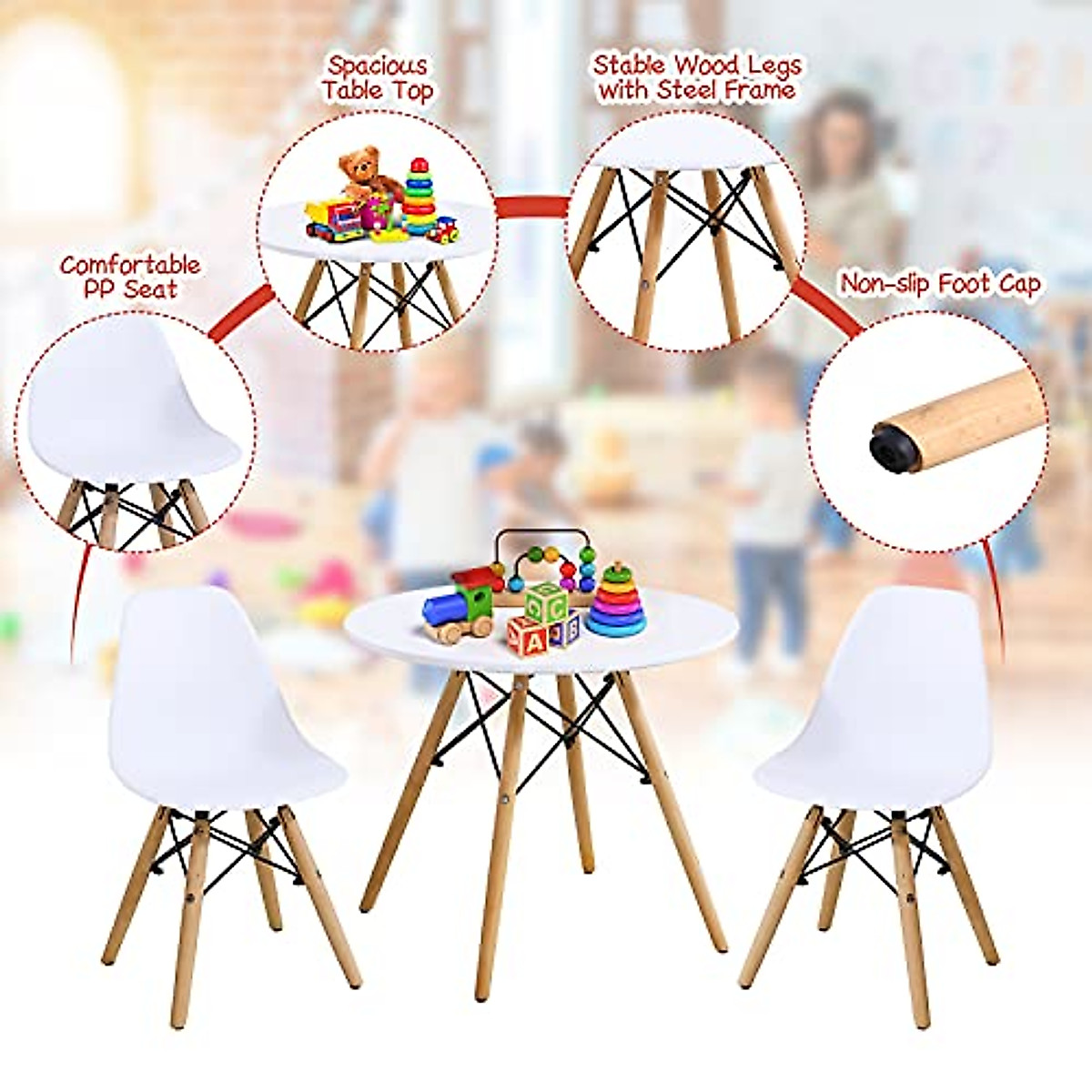 BETTARY Table and Chair Set, 3-Piece Kids Dining Learning Furniture Set, Kids Size Plastic Table and Chairs w/Beechwood Legs for Home Daycare Preschool, Play Table for Toddler Gifts, White (2 Chairs)