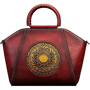 Zhuoliang Women Genuine Leather Handbags, Organizer Retro Vegetable Tanning leather Satchel Vintage Embossing Totem Shoulder Bag