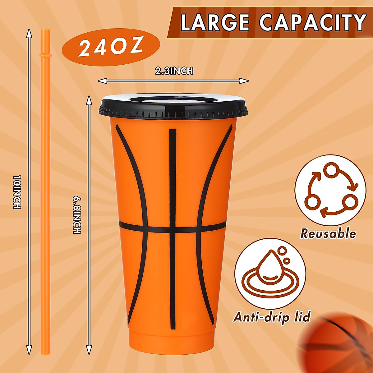 Domensi 24 Pcs Christmas Plastic Tumbler with Lid and Straw 24 oz Reusable Cups Party Favors Coffee Mug Plastic Drinking Cups for Kid Adult Themed Birthday Party Favor Xmas Gifts(Basketball)