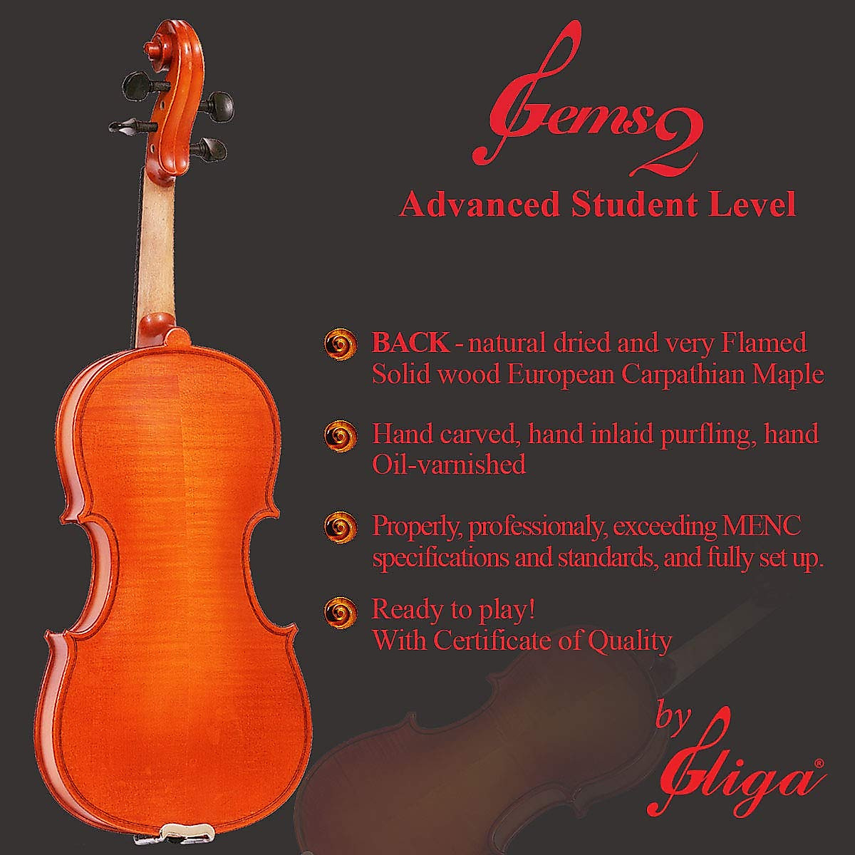 4/4 Full size Student 'GEMS 2' Model, a Gliga Violin Handmade in Romania, Advanced Student Level, Hand Varnished, Hand Inlaid Purfling, Hand Carved Solid European Wood, Fully Set Up