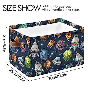 Kigai Collapsible Storage Basket with Handles, Cartoon Rocket Ship Canvas Fabric Storage Bins Toys Clothes Organizer for Bedroom, Nursery, Shelves, Closets (1PACK)