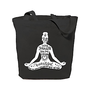 GXVUIS Yoga Canvas Tote Bag for Women Namaste Meditation Reusable Grocery Shoulder Shopping Bags Motivational Girl Power Black