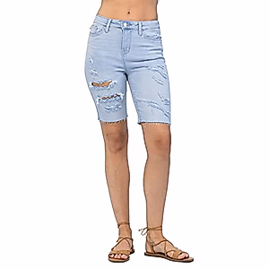 Judy Blue Women's High-Rise Destroyed Cutoff Bermuda Shorts (Light Blue, Large)
