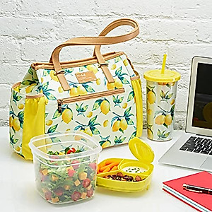 Fit & Fresh Copley Adult Insulated Lunch Bag with Side Pouches & Carry Handles, Complete Lunch Kit Includes Matching Tumbler & Salad Kit, Lemons