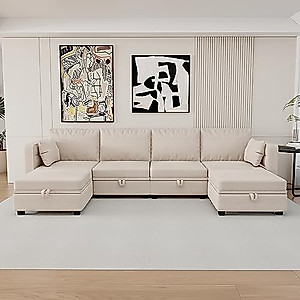 ANZEHOME 110" Sectional Sofa Couch for Living Room, Modern Modular U-Shape Sofa with Storage Seats & Reversible Chaise & Adjustable Backrest Armrest, 6 Seat Convertible Sofa for Home Office (Beige)