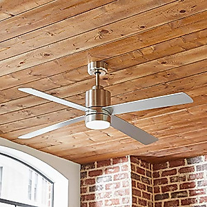 Amazon Brand – Rivet Modern Cylindrical Base Remote Control Flush Mount Ceiling Fan with LED Light, 52"W x 14"H, Brushed Nickel