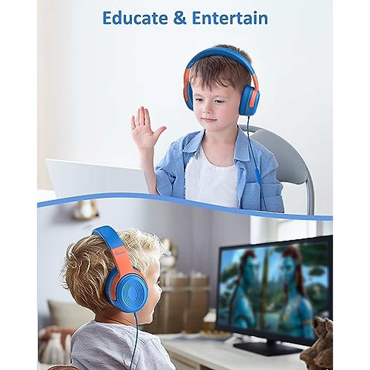 Kids Headphones, ELECDER S8 Wired Headphones for Kids with Microphone for Boys Girls, Adjustable 85dB/94dB Volume Limited, 3.5 mm Jack for School/Kindle/Smartphones/Tablet/Airplane Travel(Blue/Orange)