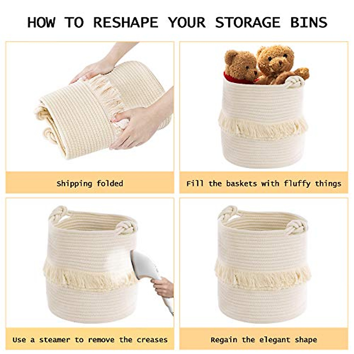 Woven Cotton Rope Farmhouse Storage Basket - 3 Pack 11 Inches Round Cube Decorative Organizer Bins with Cute Handles for Dog Toy, Clothes - Baby Girls Boys Nursery Decor