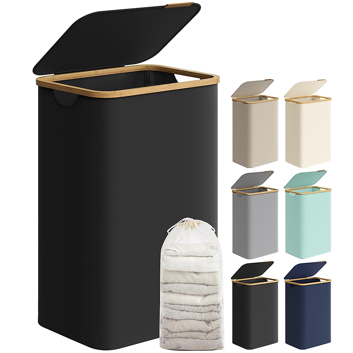 SONGMICS Laundry Hamper with Lid, Large Laundry Basket, 23.8 Gallons (90L), Removable Mesh Liner, Bamboo Handles, Collapsible, 16.5 x 12.6 x 27.8 Inches, Ink Black ULCB509B01