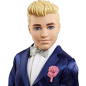 Barbie Ken Doll, Blonde Fairytale Groom with Satiny Blue Suit and 5 Accessories Including Bouquet and Wedding Cake