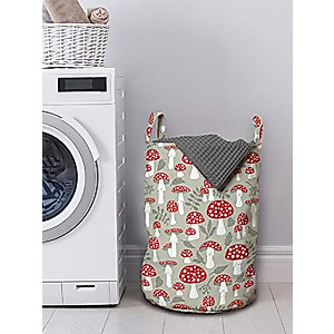 Ambesonne Cartoon Laundry Bag, Poisonous Amanita Mushroom Pattern with Foliage and Berry Silhouettes, Hamper Basket with Handles Drawstring Closure for Laundromats, 13" x 19", Pale Sage Green White