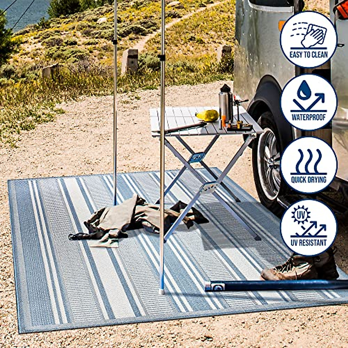 JONATHAN Y SMB202E-8 Haynes Modern Double Stripe Indoor Outdoor Area-Rug, Rustic, Transitional, Farmhouse Easy-Cleaning,Bedroom,Kitchen,Backyard,Patio,Non Shedding, Blue/Light Gray, 8 X 10