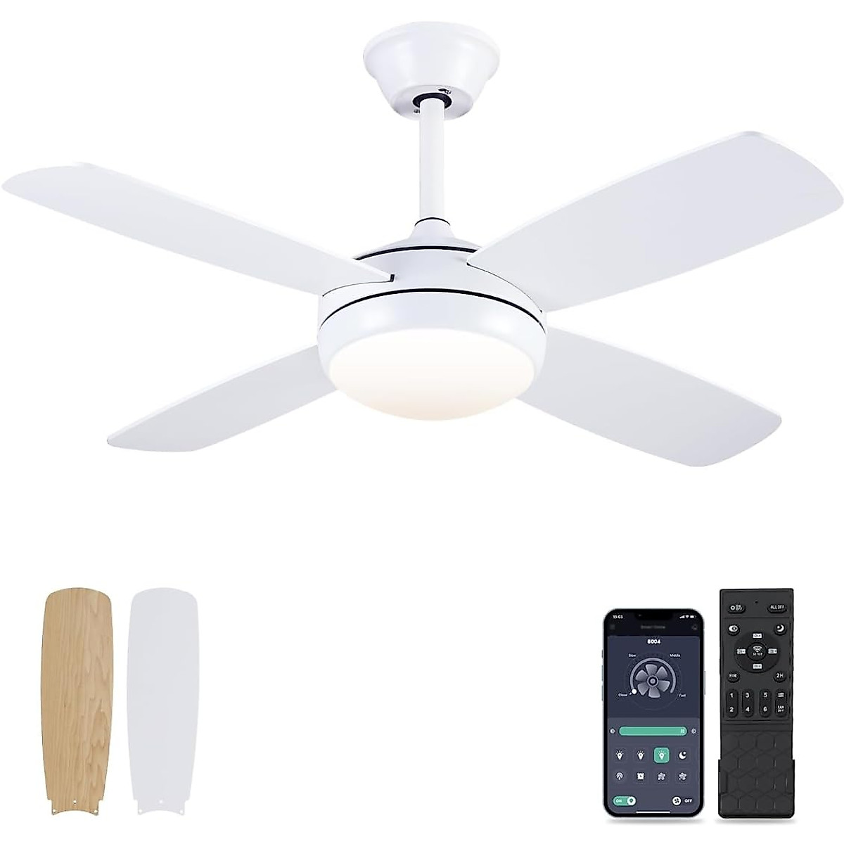 Asyko 42" Ceiling Fans with Lights, White Modern Ceiling Fan with Remote and APP Control, 6 Speed and Memory Function, Low Profile Ceiling Fan Light for Bedroom, Living Room, Dinning Room…