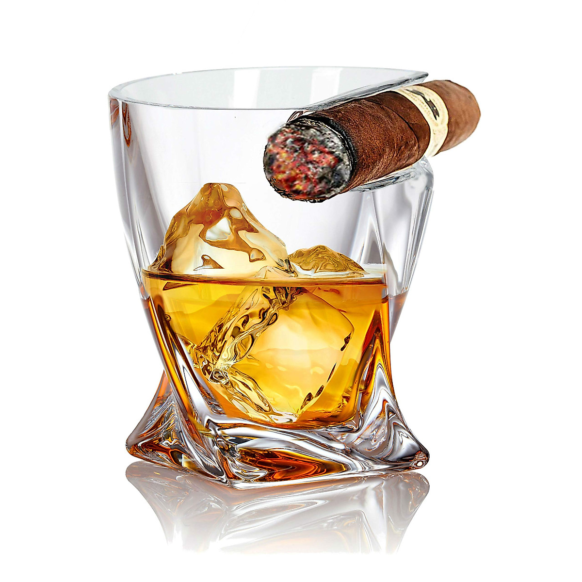 Bezrat Whiskey Cigar Glass- Double Old Fashioned Tumbler With Side Mounted Cigar Holder Rest - Whiskey Glasses Christmas Gift (Twist)
