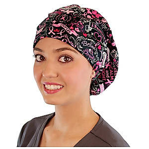Sparkling EARTH Pink Ribbon Collage (Breast Cancer Ribbons) - Riley Medical Scrub Caps - Adjustable Cord Lock Closure - Made in USA!