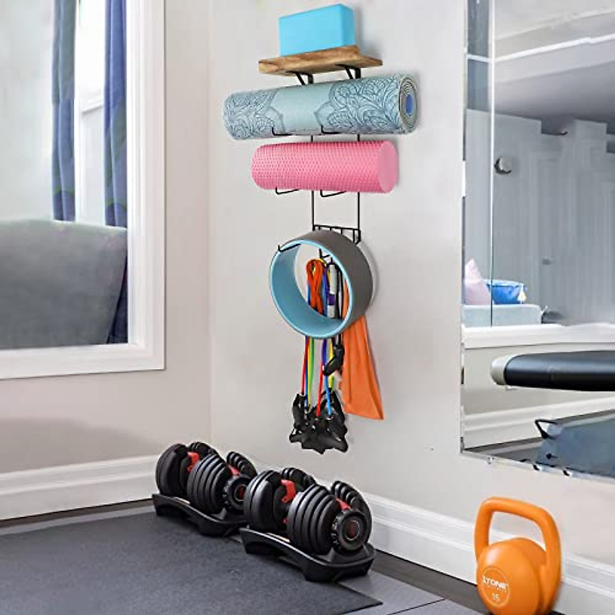 VINAEMO Yoga Mat Holder Accessories Wall Mount Organizer Storage Decor Foam Roller and Towel Storage Rack with 4 Hooks and Wooden Shelves Yoga Mats Rack Block Resistance Bands for Home Gym School