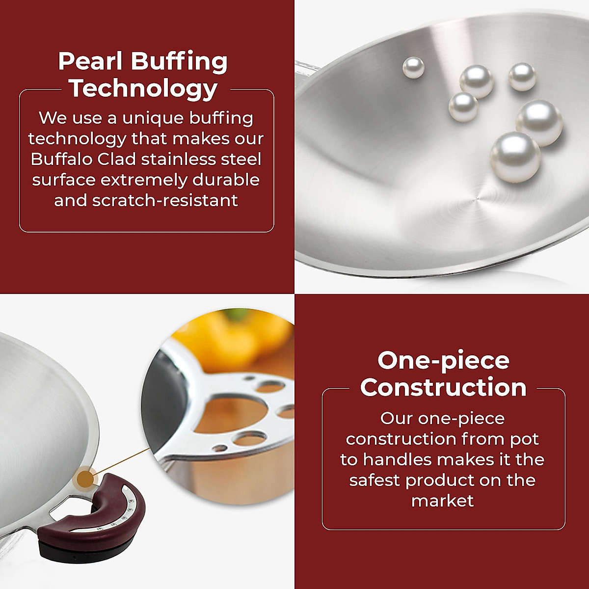 BUFFALO Clad Stainless Steel Wok Pan with Lid Round Bottom 16 inch (40cm) Stir Frying Pan Tri-Ply Nonstick Cookware - Double Handle Cooking Pot for Induction/Electric/Gas Stoves