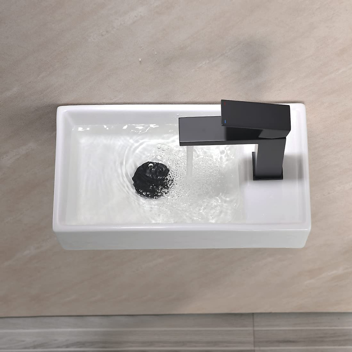 Wall Hung Basin Sink Small Cloakroom Basin Sink, Wall Mount Rectangle Ceramic Wash Basin Small Right Hand Vessl Bain Sink Set With Faucet&Drain For Bathroom