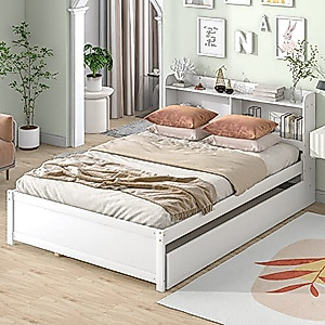 HomSof Full Bed with Trundle and Bookcase,White
