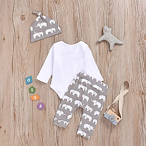 Aruzig Newborn Baby Boys Elephant Clothes Set Long Sleeve Romper Bodysuit Pants Hat 3Pcs Outfit (Long Sleeve Elephant, 0-3 Months)