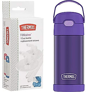 THERMOS FUNTAINER 12 Ounce Stainless Steel Vacuum Insulated Kids Straw Bottle, Violet & Thermos Replacement Straws for 12 Ounce Funtainer Bottle, Clear, one size (F401RS6)