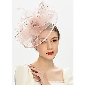 Fascinators Hats for Womens 50s Headwear with Veil Flower Cocktail Wedding Tea Party Church Derby Hat(3-blush pink)