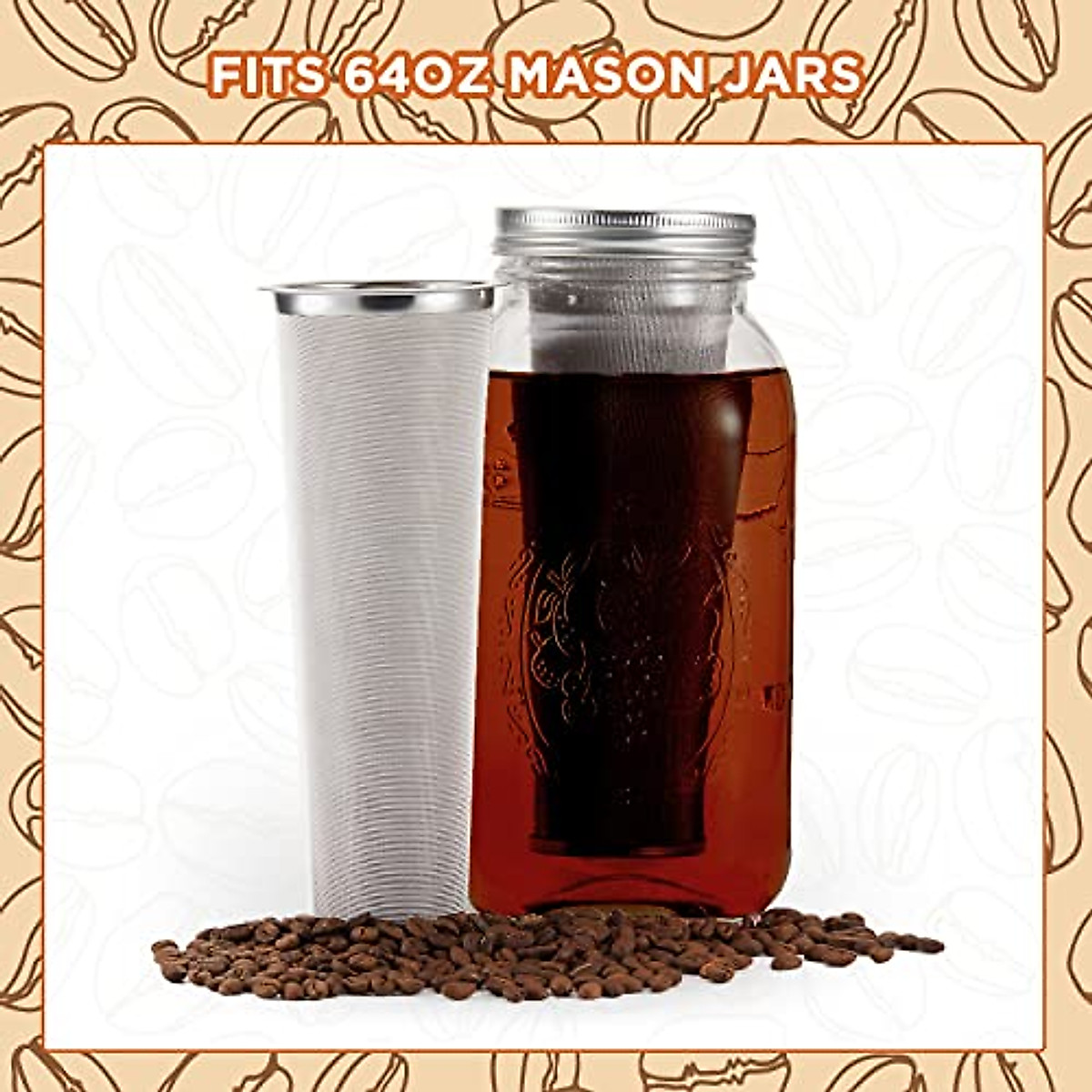 3 Pieces Cold Brew Coffee Filter 2 Quart Stainless Steel Filter Coffee Tea Infuser Coffee Strainer Mason Canning Jar Mesh Coffee Filter for Wide Mouth Mason Canning Jar and Iced Tea Maker