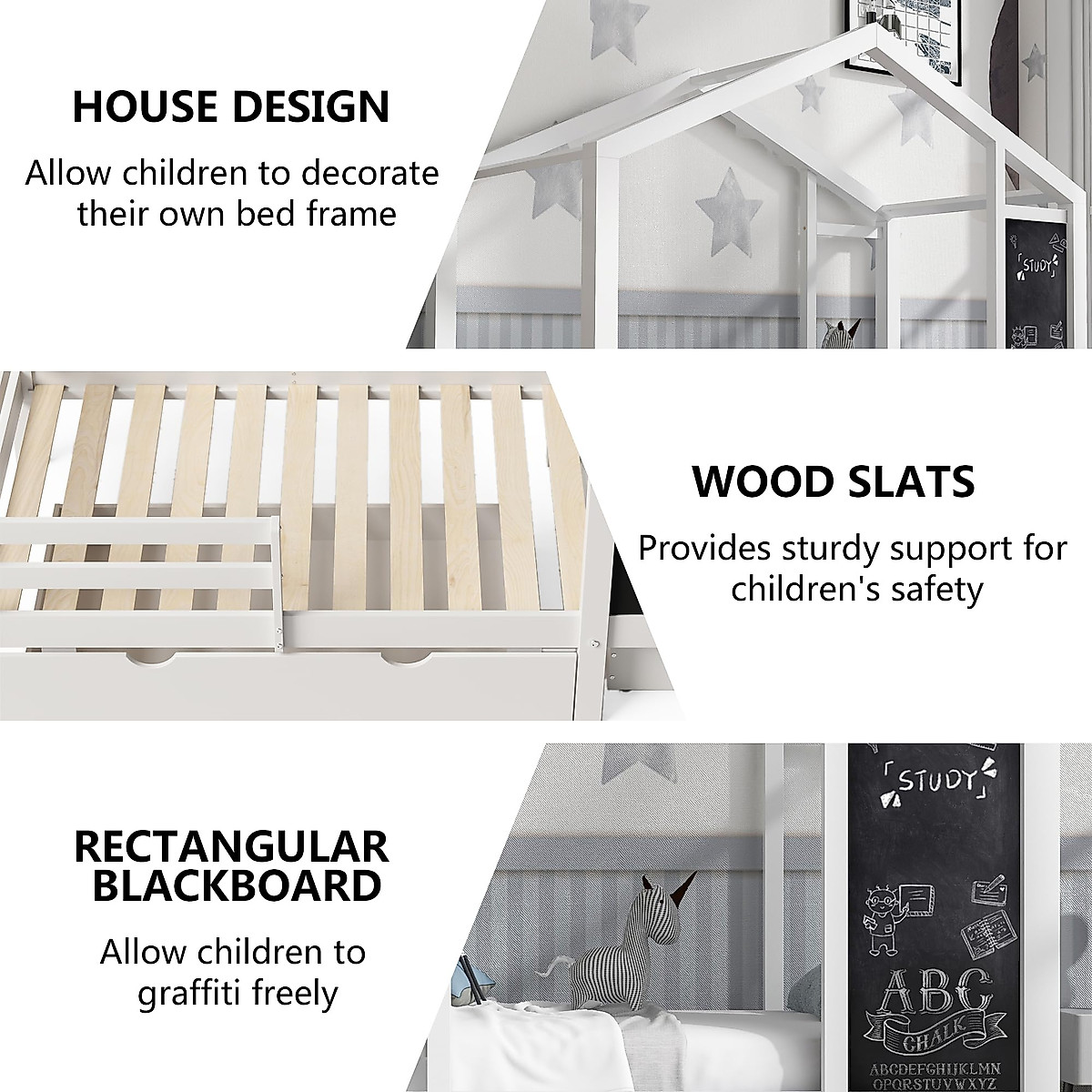 HUMEHA Twin House Bed with Drawers, Kids Platform Bed Frame with Blackboard, Montessori House Bed with Slats and Roof for Teens Girls Boys, 80.1" L x 41.9" W x 72" H, White