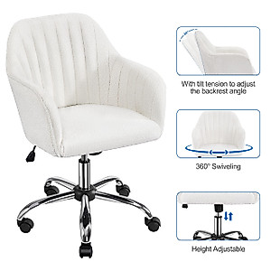 Yaheetech Boucle Vanity Chair Desk Chair Comfy Modern Accent Chair Mid Back Ergonomic Office Chair Height Adjustable Swivel Computer Chair for Bedroom with Arms Ivory